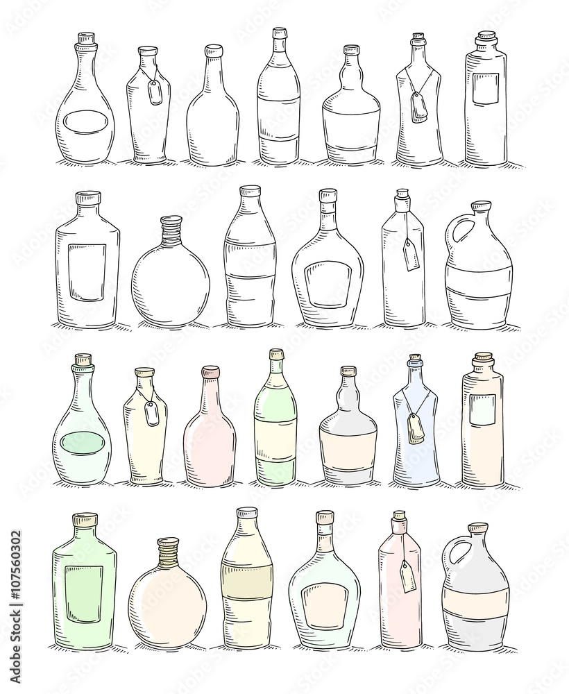 Set of cartoon doodle bottles. Sketch glass bottles for food design ...
