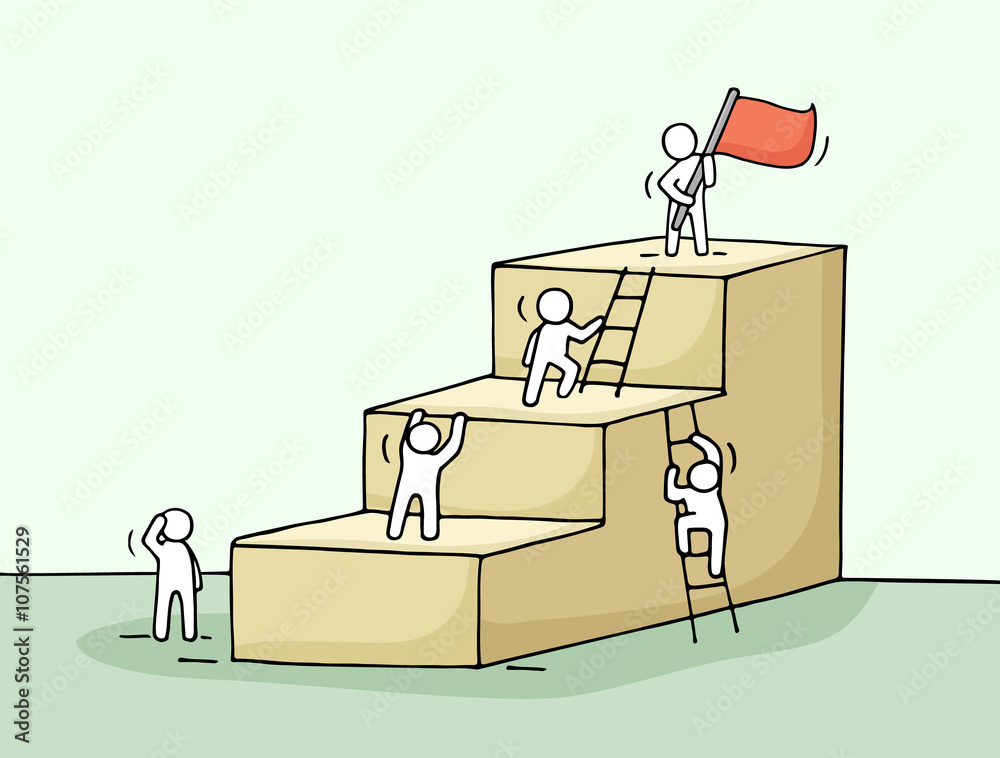 Sketch of career ladder with climbing little people. Doodle cute ...