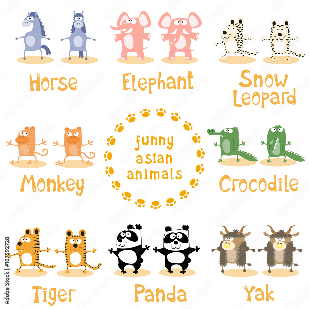 Set of funny asian animals drawing in cartoon style: horse, elephant ...