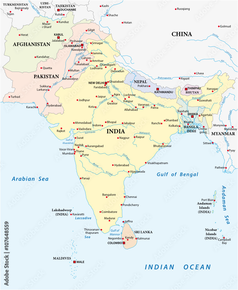 detailed vector map of south asia with the biggest cities Stock Vector ...