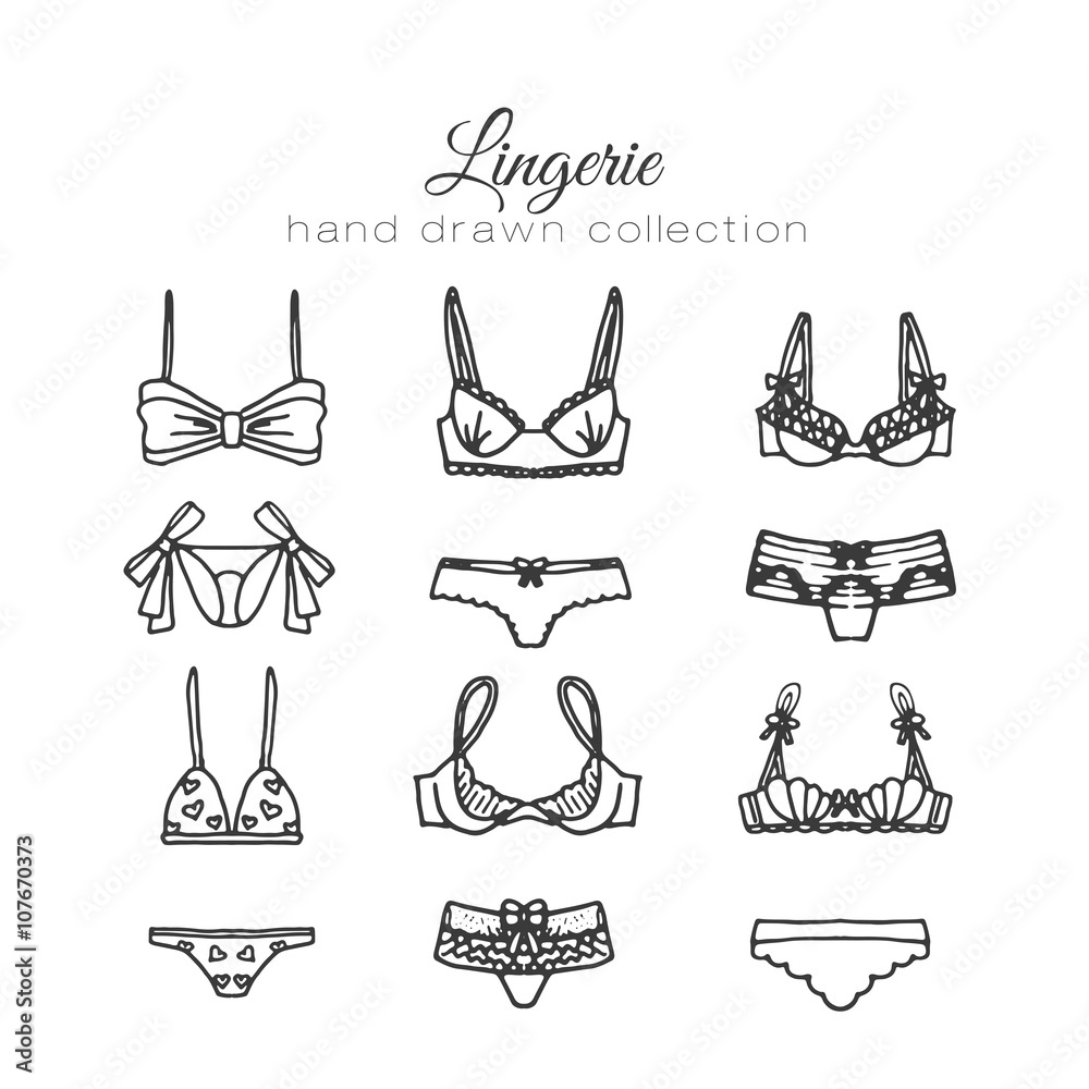 Lingerie set. Vector underwear design. Outline hand drawn illustration. Bras and panties doodle ...