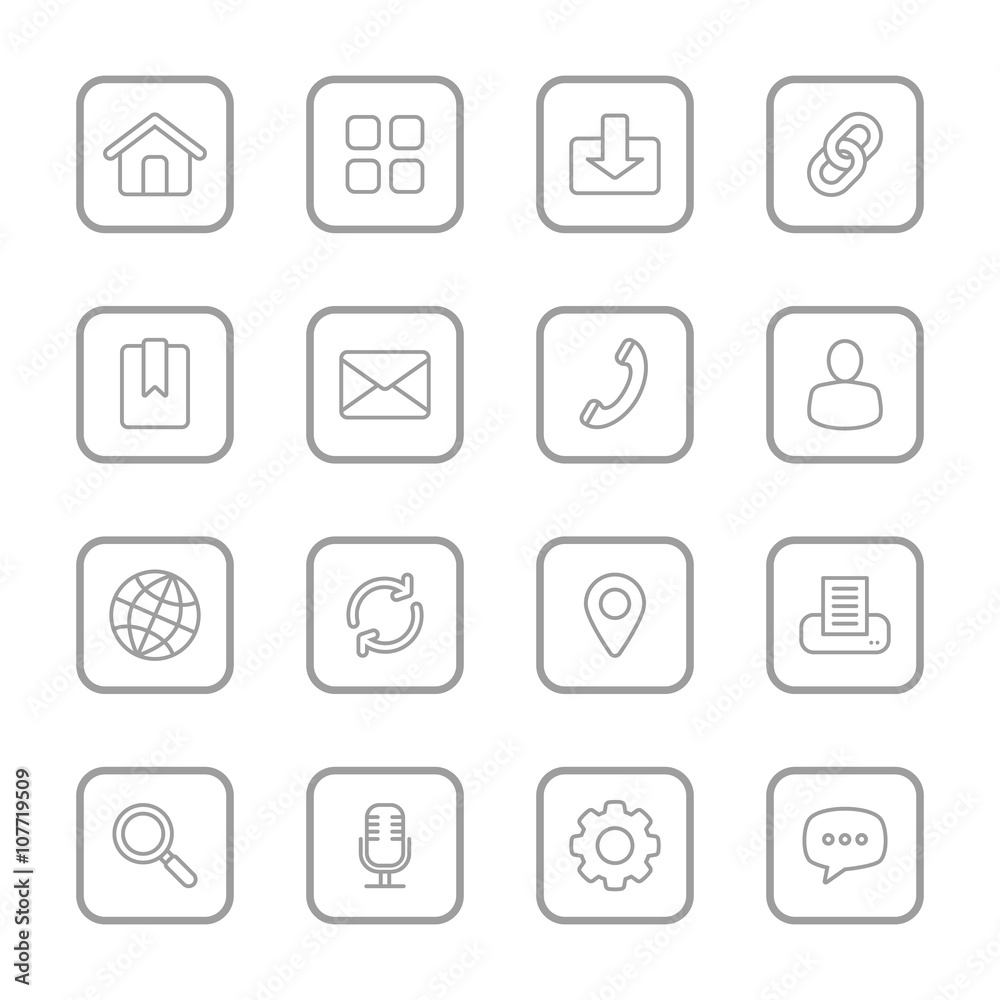 gray line web icon set with rounded rectangle frame for web design, user interface (UI ...