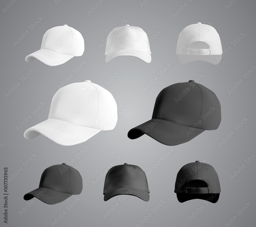 Baseball cap black and white templates, front, side, back views set ...