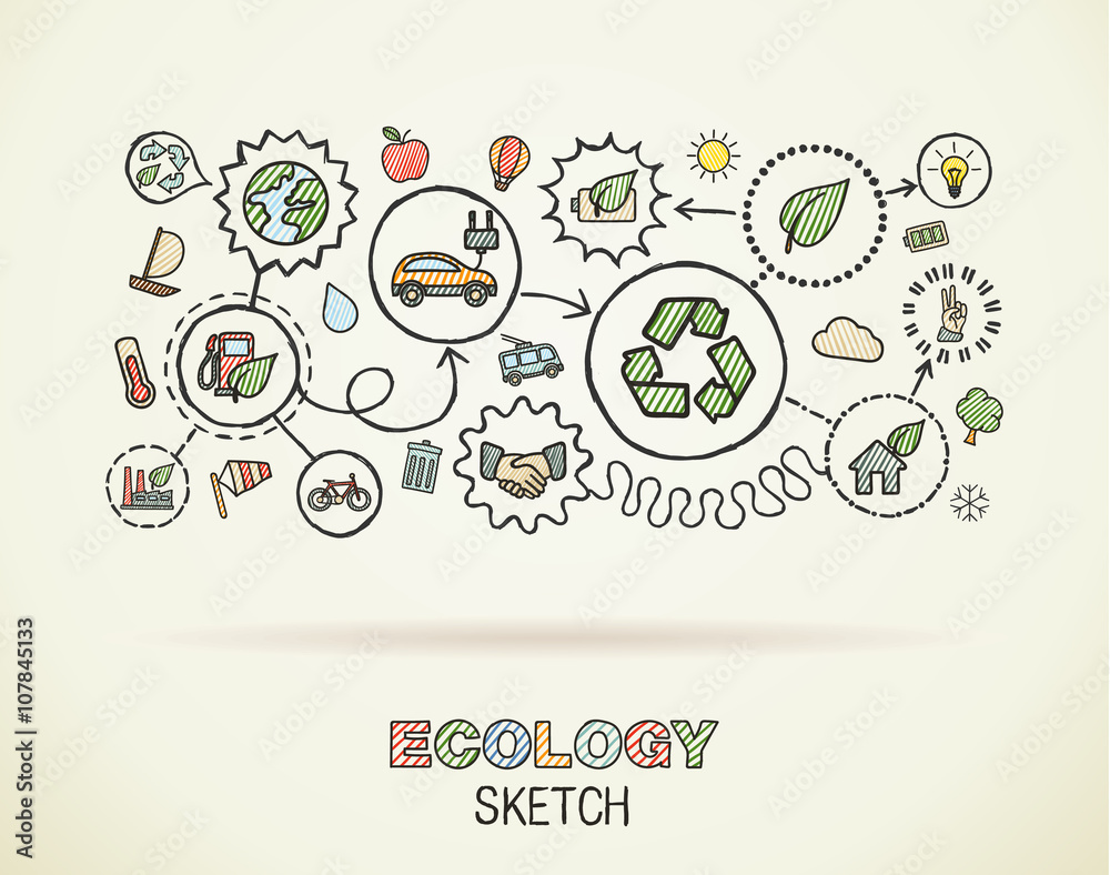 Vector de Stock Ecology hand draw integrated icons set on squared paper ...