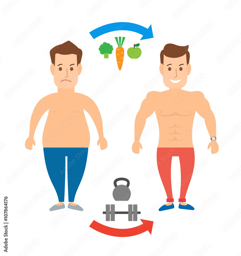 fat man body transformation concept illustration.weight loss ...