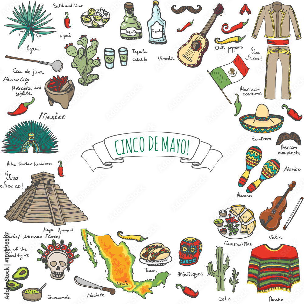 Cinco De Mayo hand drawn cartoon collection Doodle Mexico set Vector ...