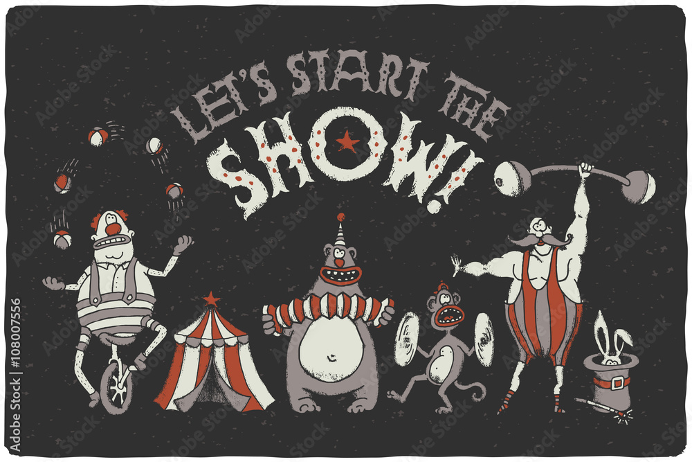 Vetor Funny poster with cartoon circus characters. Juggling clown on ...