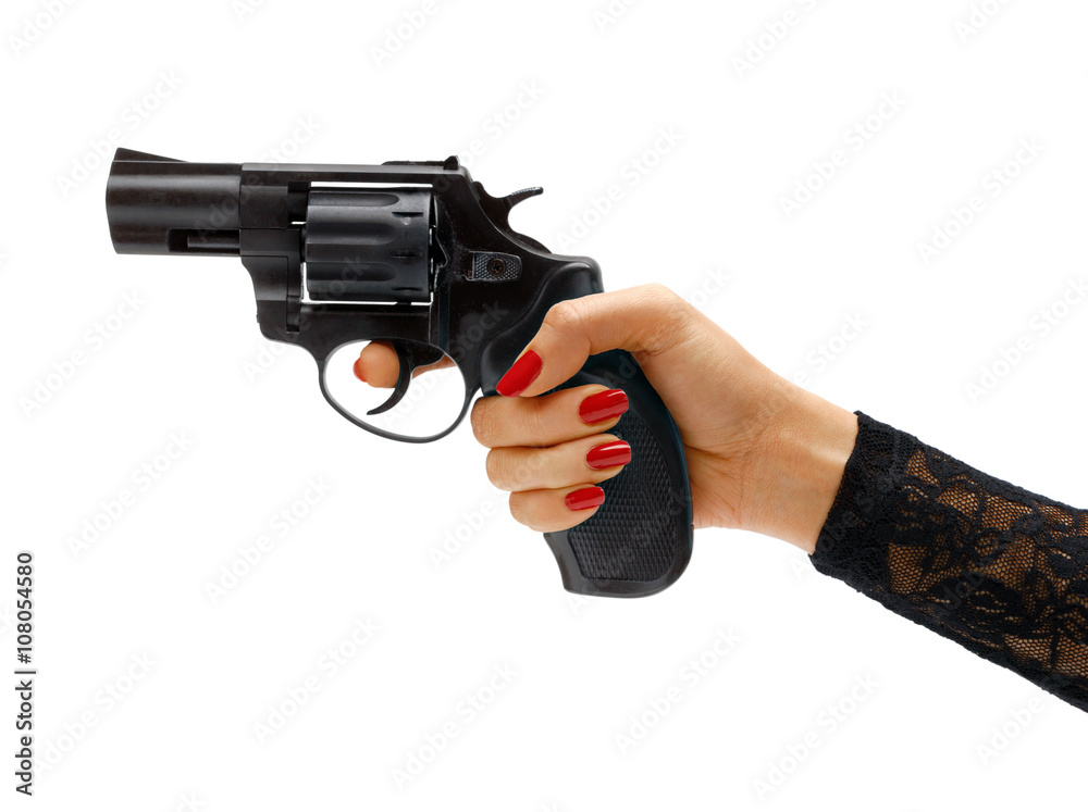 Female hand aiming revolver gun. Studio photography of woman's hand ...