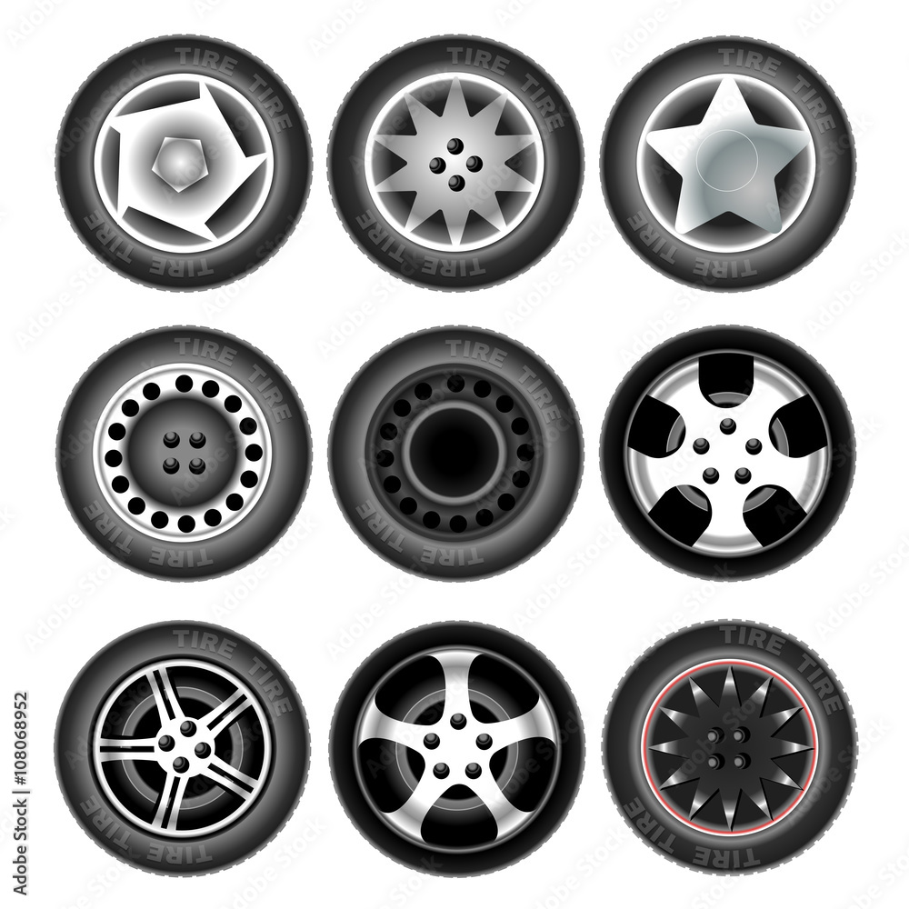 Vector de Stock Collection of nine wheels with tires. Different forms ...