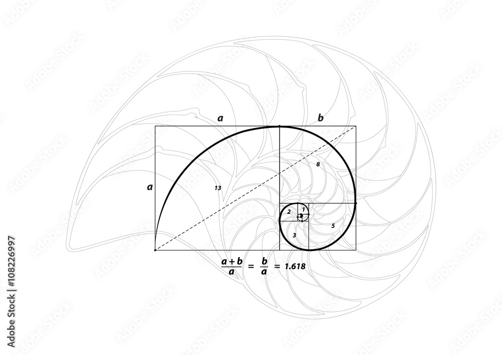 Golden section (ratio, divine proportion) and golden spiral on black ...