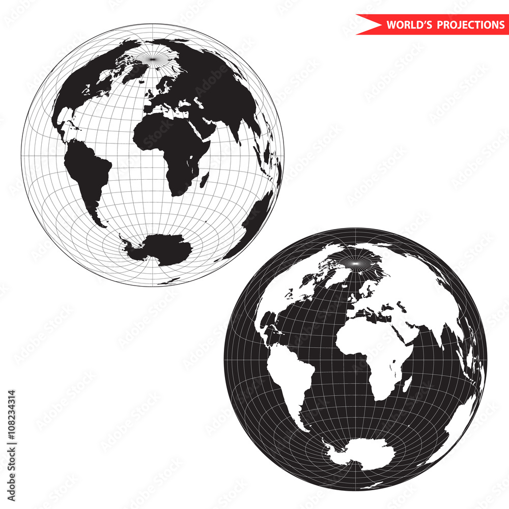 Lambert azimuthal equal-area world map projection. Black and white ...