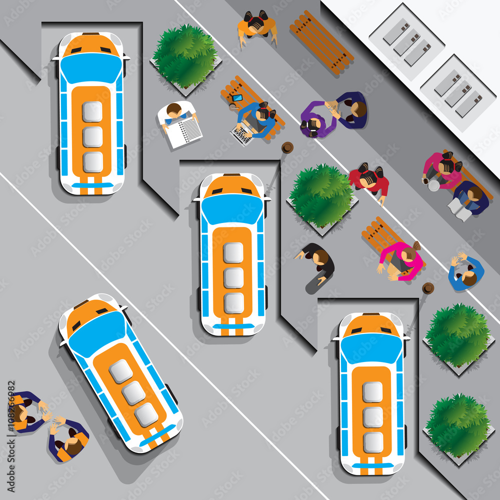 People at the bus station. View from above. Vector illustration ...