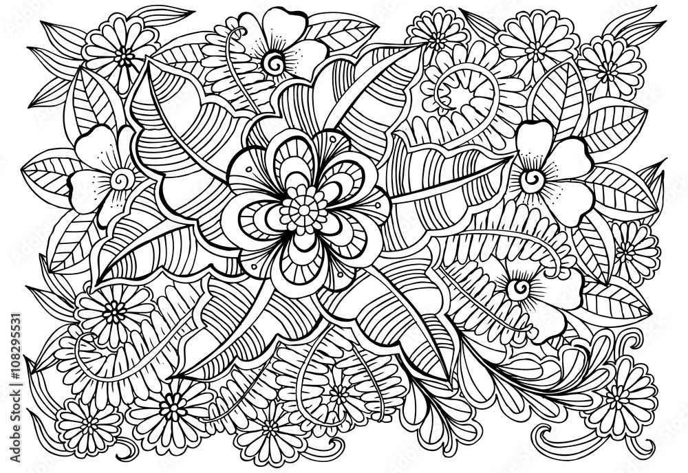 Vector coloring page with flowers and leaves Stock Vector | Adobe Stock