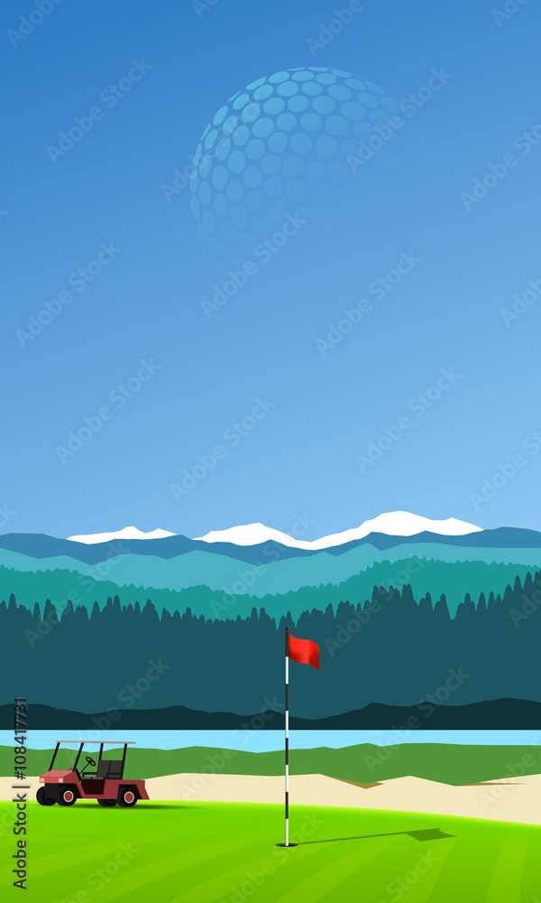 Golf hole with golf cart on vertical mountain background landscape ...