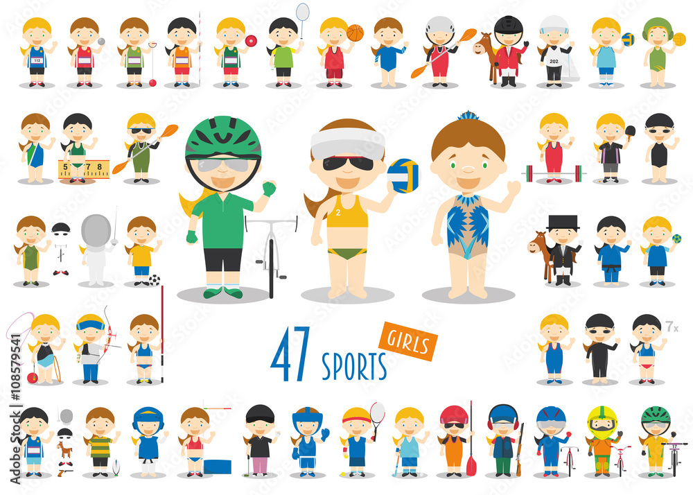 Big Set of 47 cute cartoon sport characters for kids. Funny cartoon ...