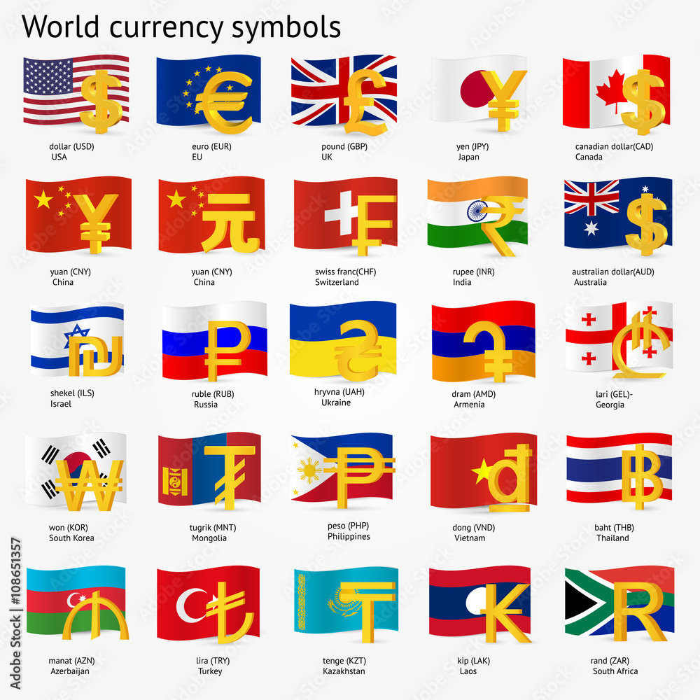World currency symbols with flag icon set. Money sign icons with ...