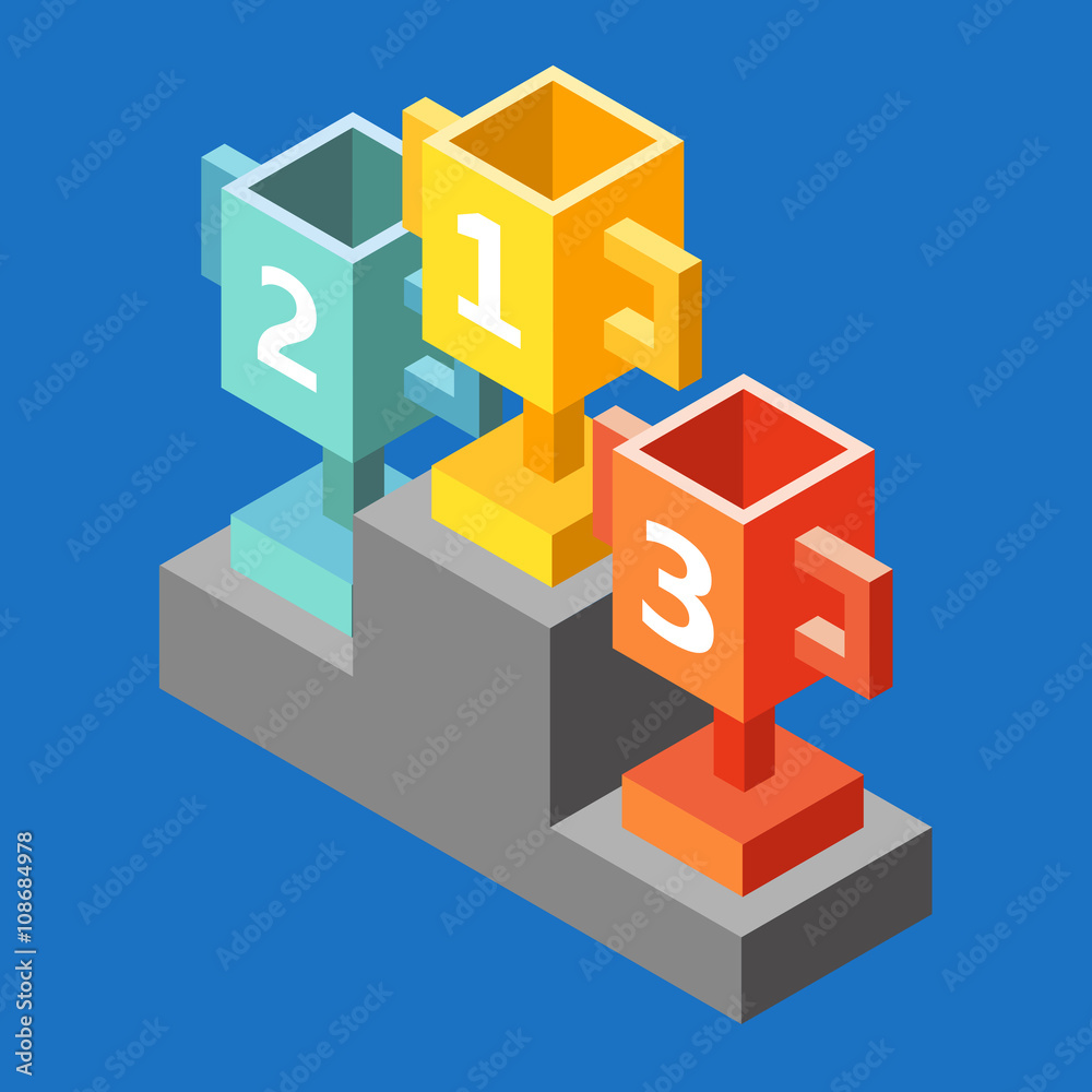 Vetor Gold, Silver and Bronze Trophy Cup on prize podium. Champions or ...