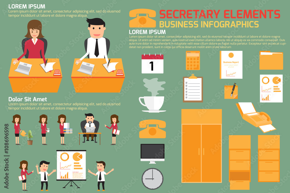 Elements of secretary at work infographics. vector illustration. Stock ...