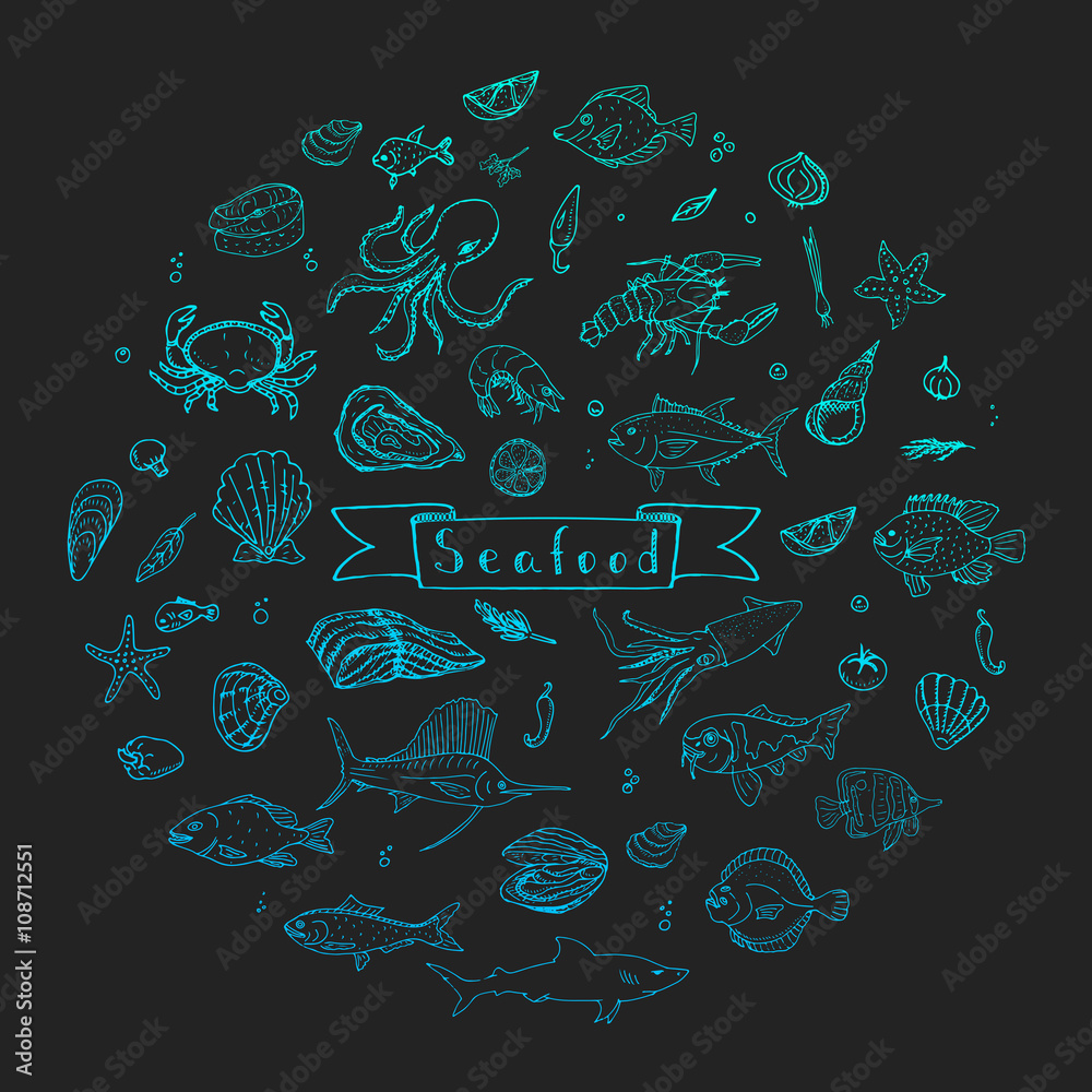 Hand drawn doodle Seafood icons set Vector illustration seafood symbols ...
