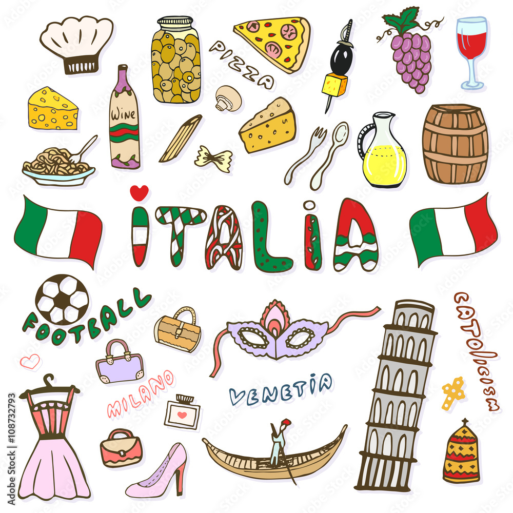 Doodle hand sketch collection of Italy icons. Italy culture elements ...