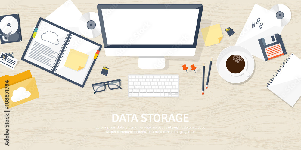 Vector illustration. Workplace, table with documents, computer. Flat cloud computing background ...