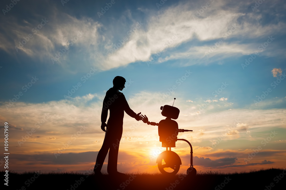 Man and robot meet and handshake. Concept of the future interaction ...
