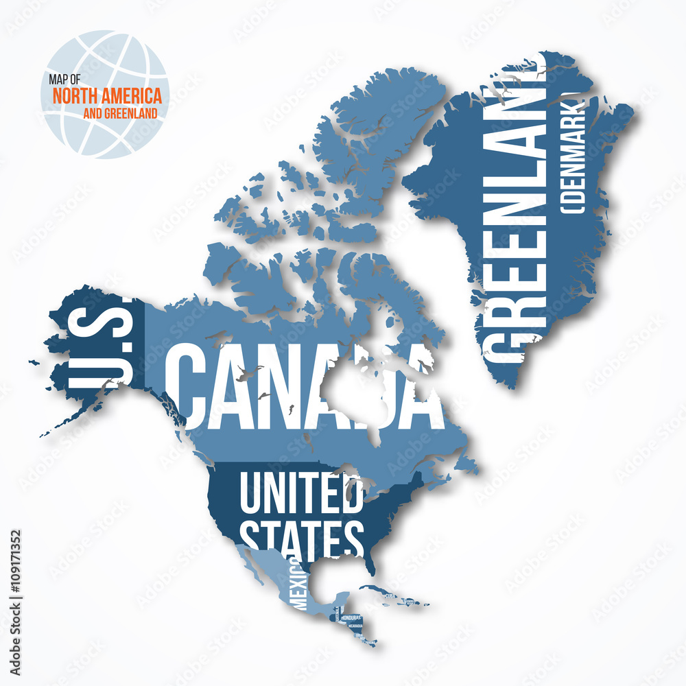 Vector detailed map of North America and Greenland with borders and ...