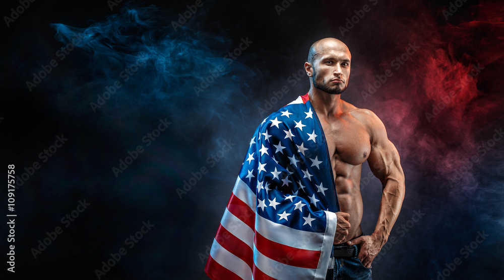 Handsome power athletic man bodybuilder with US flag. Fitness muscular ...