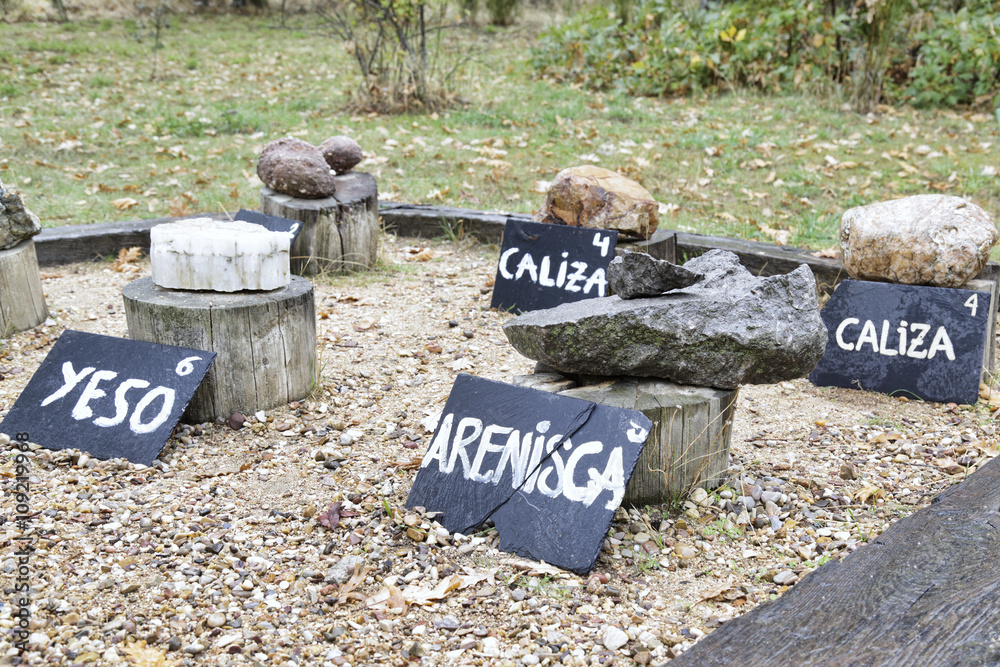 Group of sedimentary rock and minerals with blackboards with their ...