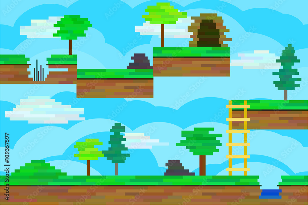 เวกเตอร์ Stock Seamless editable pixel landscape for platform game ...