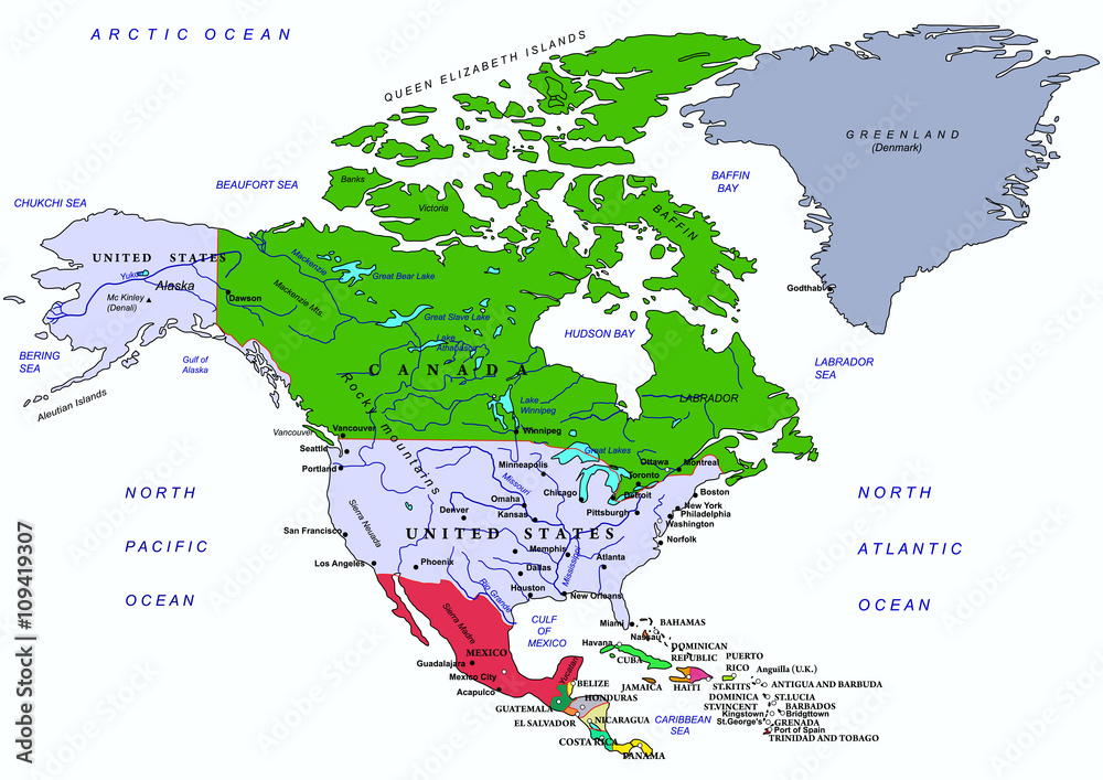 Political map of North America with names of countries, cities, seas ...