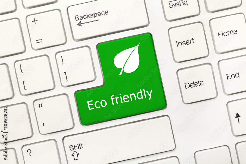 White conceptual keyboard - Eco friendly (green key with leaf sy Stock ...