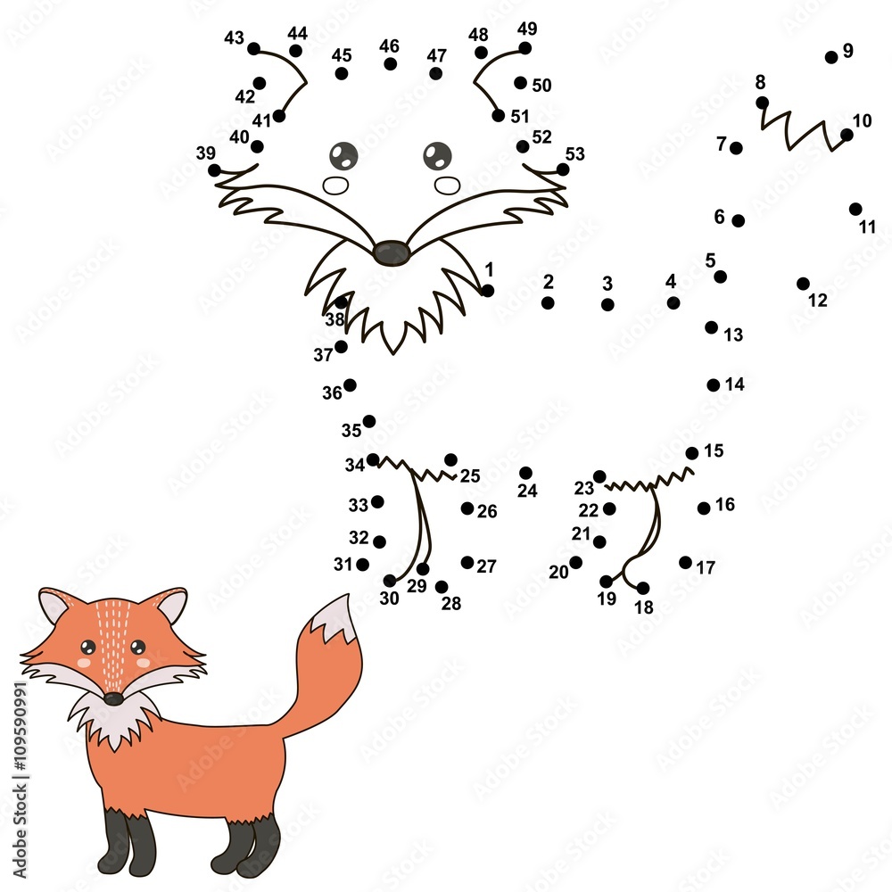 Vetor Connect the dots to draw a cute fox and color it. Educational ...