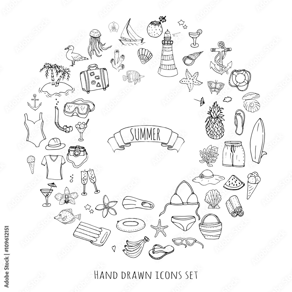 Hand drawn doodle summer set icons Vector illustration Sketchy summer ...