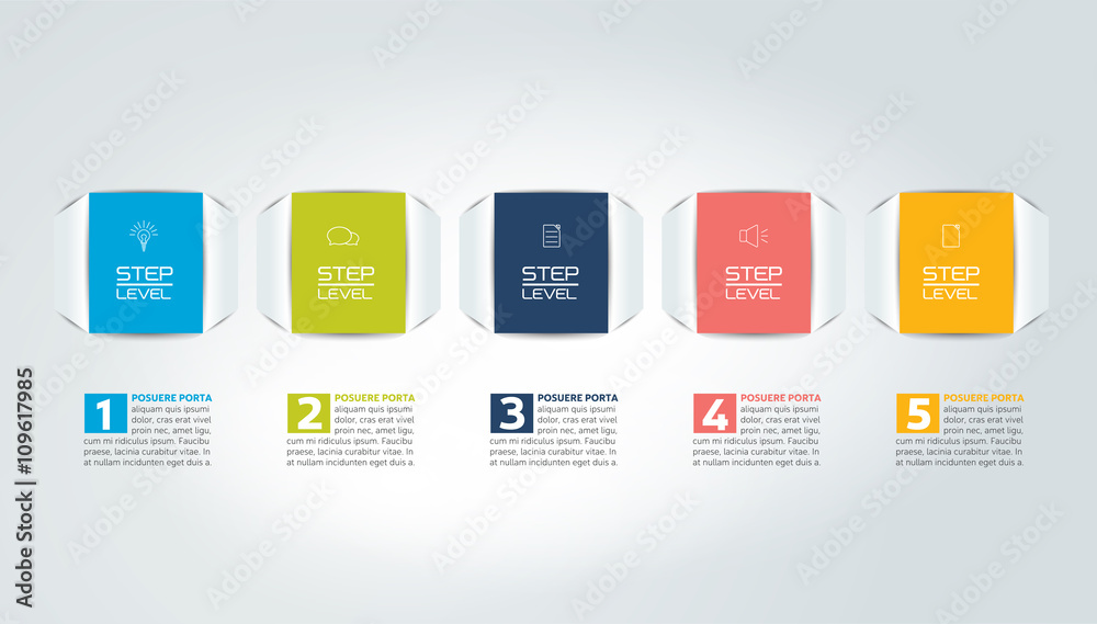5 Steps tutorial, chart, diagram, timeline. One, two, three, four, five ...