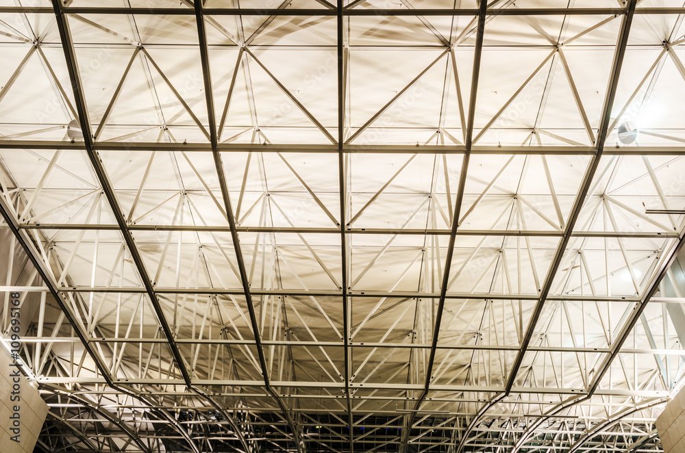 Steel construction of an airport terminal at night, HDR Structure of ...