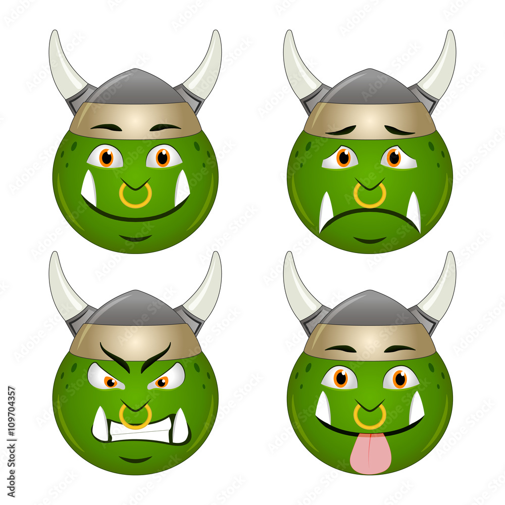 Orc smiley icon faces emotions sad angry sticking out tongue set ...