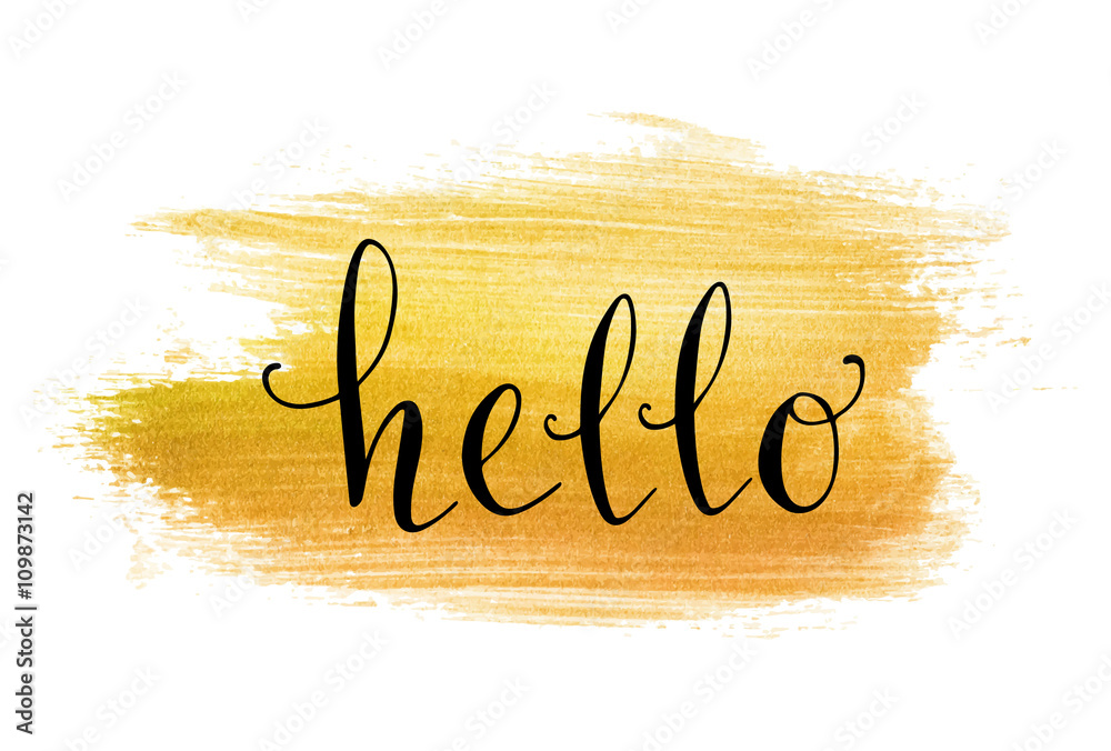Hello hand lettering on splash golden background Stock Vector | Adobe Stock