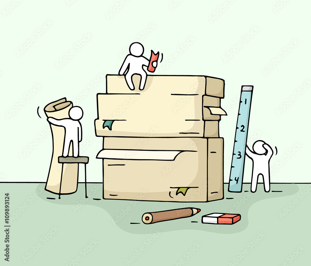 Sketch of working little people with pile of paper, office supplies ...