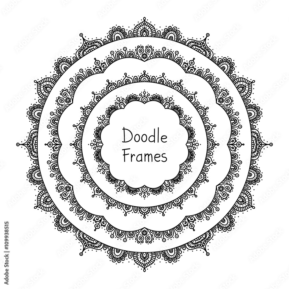 Doodle frame. Vector hand drawn circle frames with doodle ornament ...