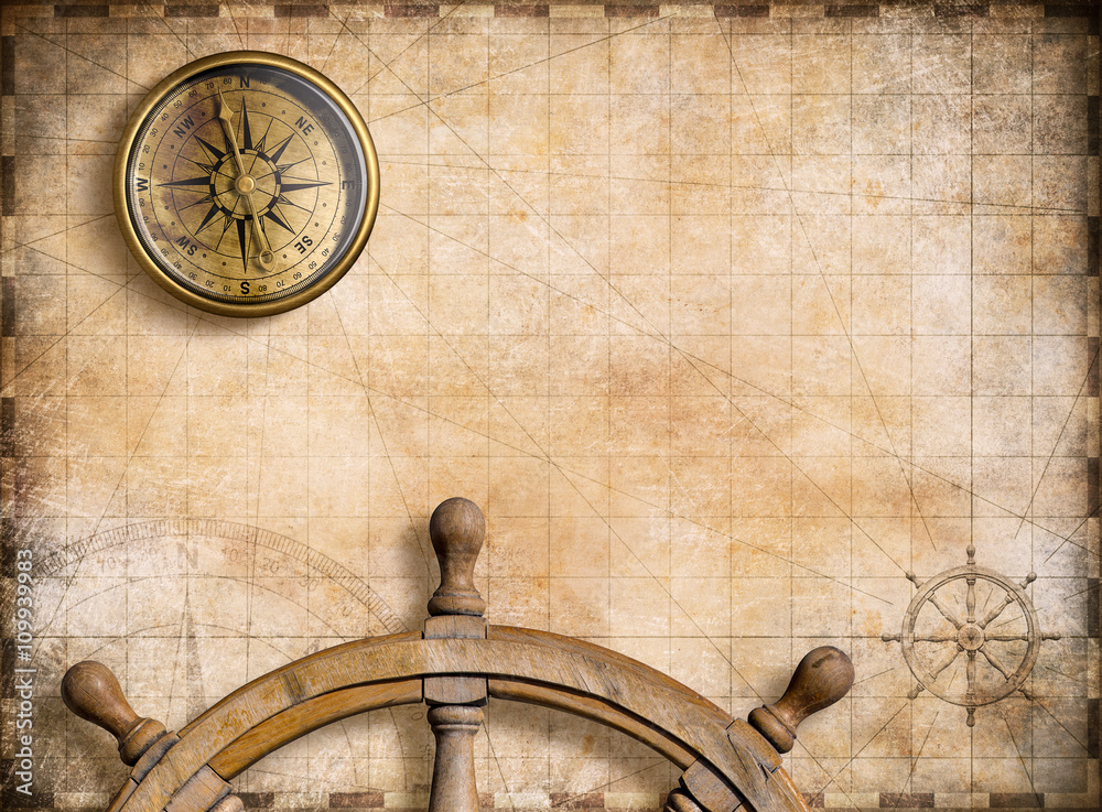 vintage nautical map with compass background 3d illustration Stock ...