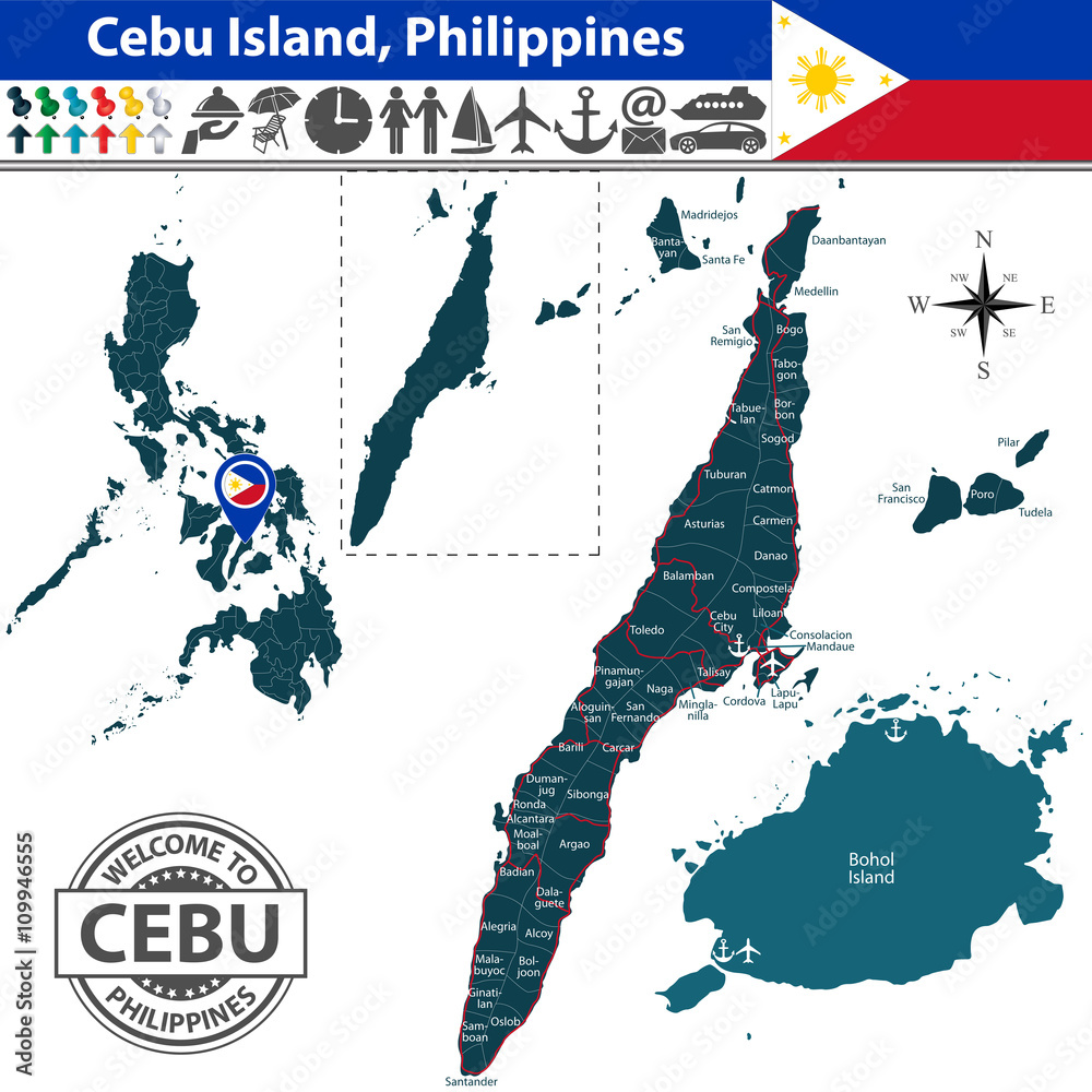 Map of Cebu island, Philippines Stock Vector | Adobe Stock