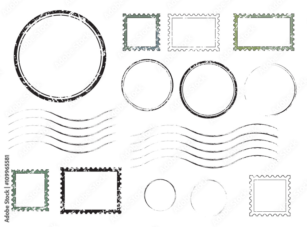 Set of postal stamps and postmarks, isolated on white background ...