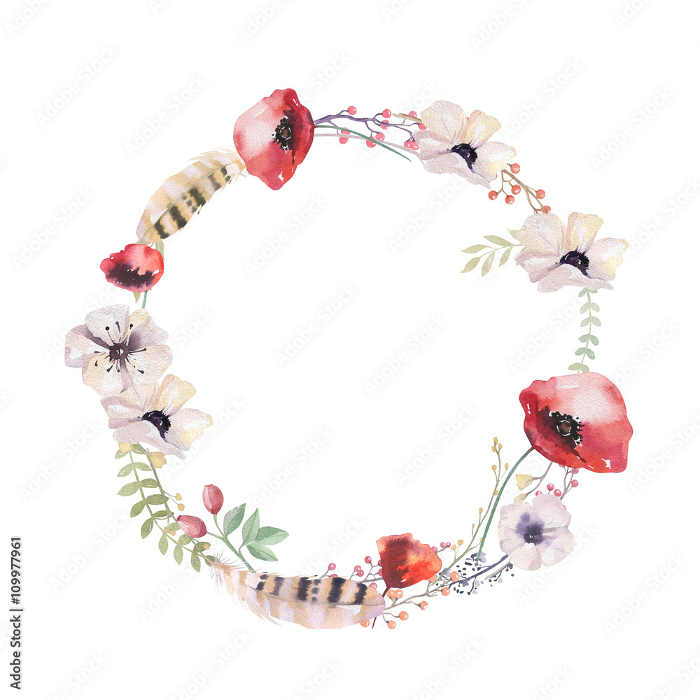 Watercolor floral wreath. Watercolour natural frame: leaves, fea Stock ...