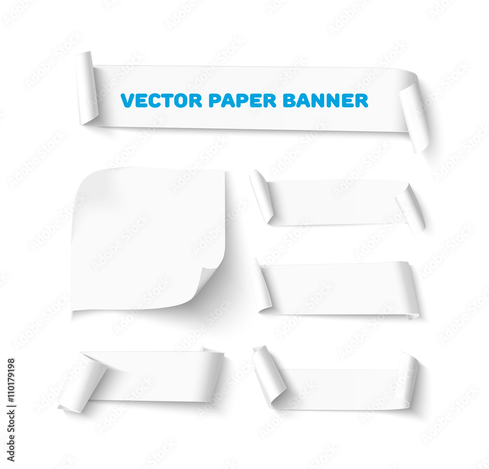 Collection of White blank paper curved horizontal banners with curl ...