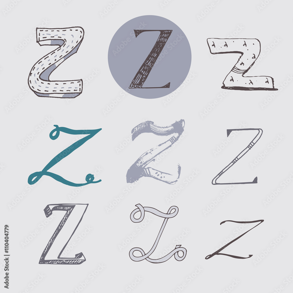 Original letters Z set, isolated on light gray background. Alphabet ...
