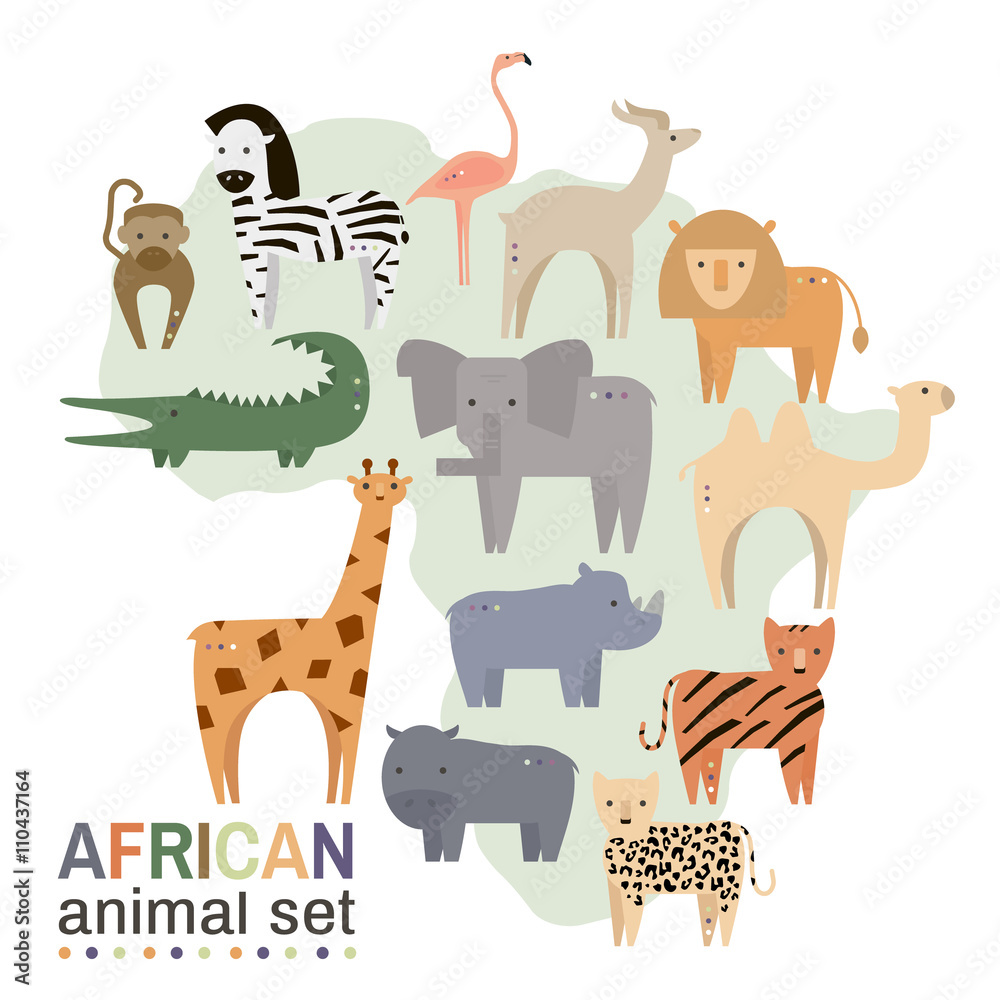 African animals in geometric flat style. Hippo, giraffe, flamingo ...