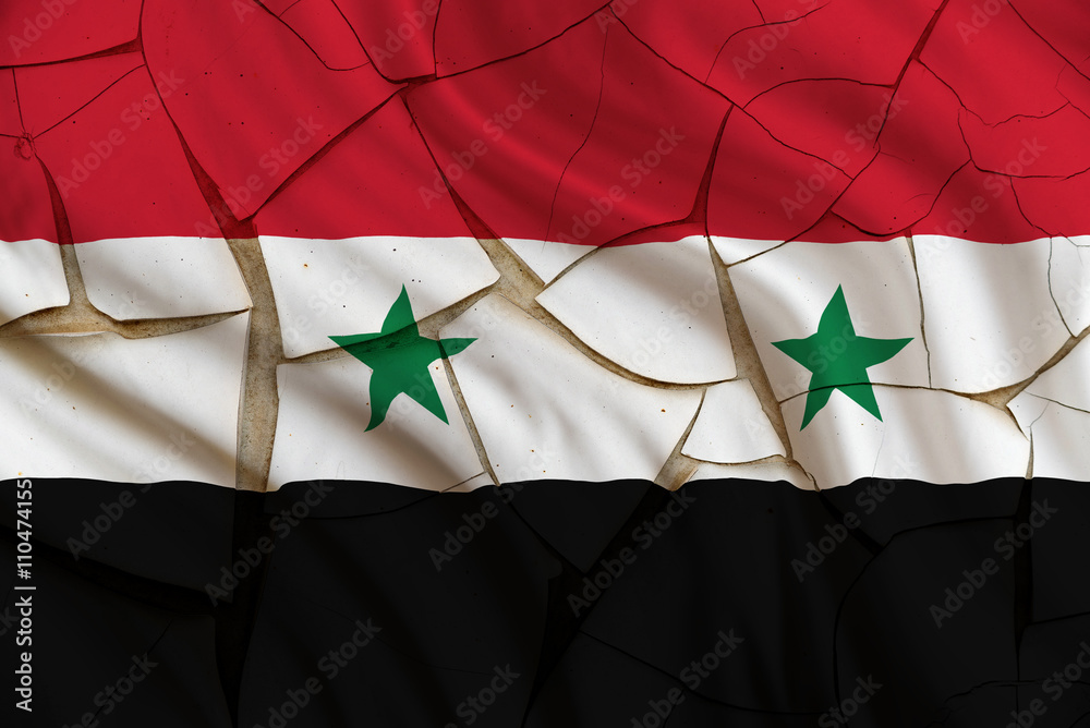 Flag of Syria on a cracked paint wall. A symbol of a fail state from ...