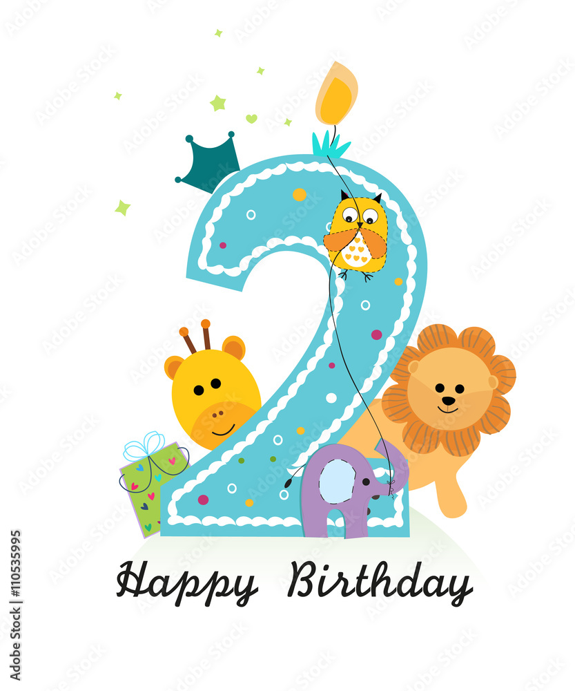 Ilustración de Stock Happy second birthday with animals baby boy ...