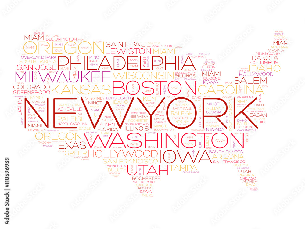 USA Map word cloud with most important cities Stock Vector | Adobe Stock